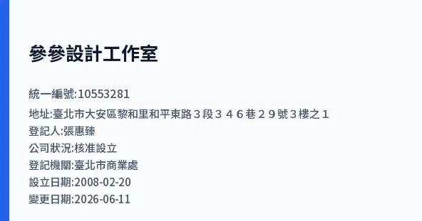 參參設計工作室的照片-統編 10553281(臺北市) 公司登記資料與營業項目詳細圖表