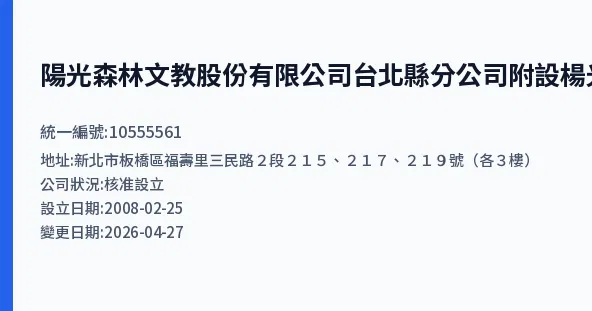 陽光森林文教股份有限公司台北縣分公司附設楊光森林語文的照片-統編 10555561(新北市) 公司登記資料與營業項目詳細圖表