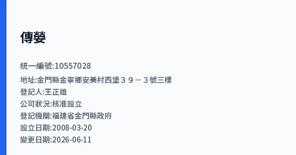 傳嫈的照片-統編 10557028(金門縣) 公司登記資料與營業項目詳細圖表