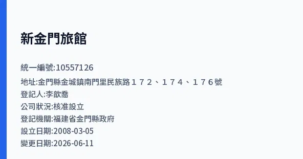 新金門旅館的照片-統編 10557126(金門縣) 公司登記資料與營業項目詳細圖表