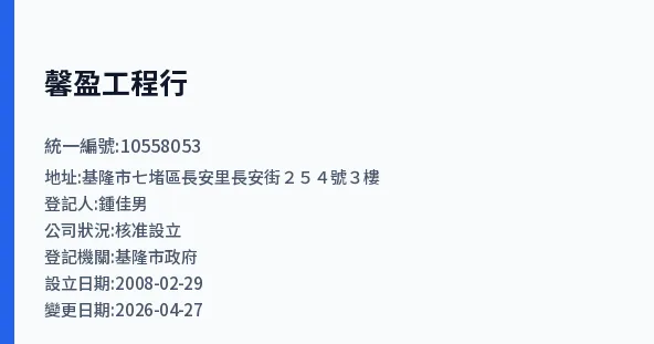 馨盈工程行的照片-統編 10558053(基隆市) 公司登記資料與營業項目詳細圖表