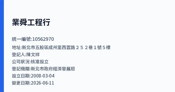 業舜工程行的照片-統編 10562970(新北市) 公司登記資料與營業項目詳細圖表
