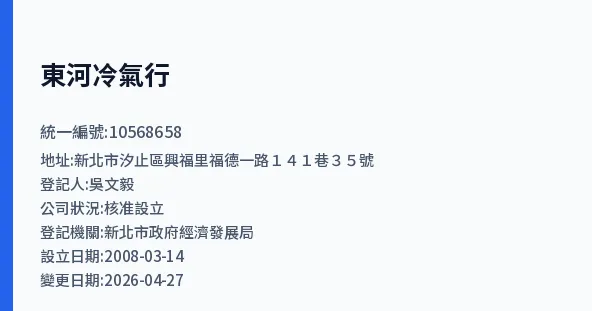 東河冷氣行的照片-統編 10568658(新北市) 公司登記資料與營業項目詳細圖表