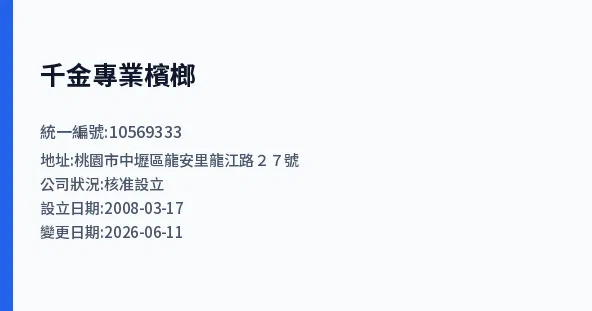 千金專業檳榔的照片-統編 10569333(桃園市) 公司登記資料與營業項目詳細圖表