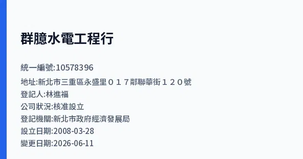 群臆水電工程行的照片-統編 10578396(新北市) 公司登記資料與營業項目詳細圖表