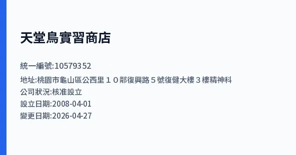 天堂鳥實習商店的照片-統編 10579352(桃園市) 公司登記資料與營業項目詳細圖表