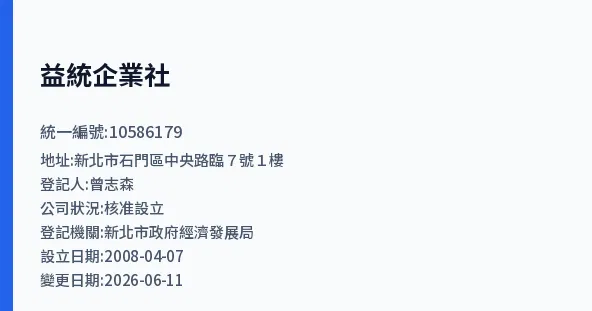 益統企業社的照片-統編 10586179(新北市) 公司登記資料與營業項目詳細圖表