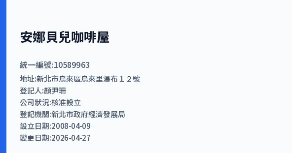 安娜貝兒咖啡屋的照片-統編 10589963(新北市) 公司登記資料與營業項目詳細圖表