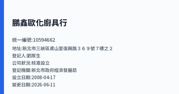 鵬鑫歐化廚具行的照片-統編 10594662(新北市) 公司登記資料與營業項目詳細圖表