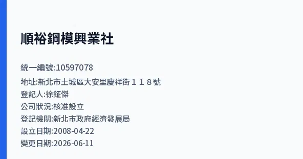 順裕鋼模興業社的照片-統編 10597078(新北市) 公司登記資料與營業項目詳細圖表