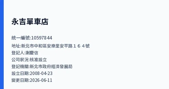 永吉單車店的照片-統編 10597844(新北市) 公司登記資料與營業項目詳細圖表