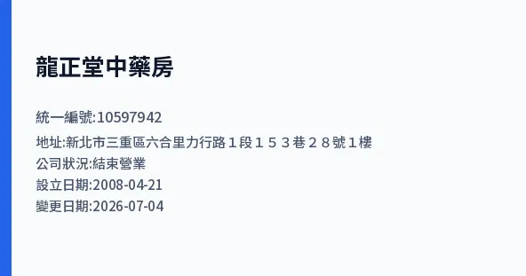 龍正堂中藥房的照片-統編 10597942(新北市) 公司登記資料與營業項目詳細圖表