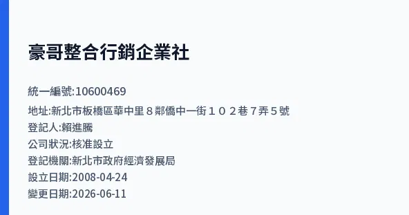 豪哥整合行銷企業社的照片-統編 10600469(新北市) 公司登記資料與營業項目詳細圖表