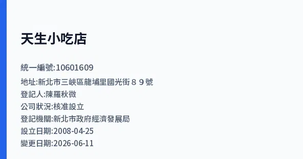 天生小吃店的照片-統編 10601609(新北市) 公司登記資料與營業項目詳細圖表