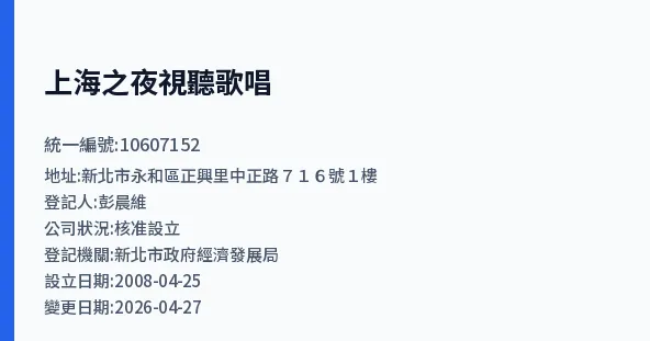 上海之夜視聽歌唱的照片-統編 10607152(新北市) 公司登記資料與營業項目詳細圖表