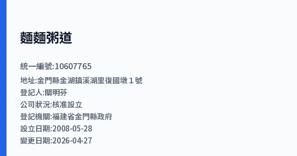 麵麵粥道的照片-統編 10607765(金門縣) 公司登記資料與營業項目詳細圖表
