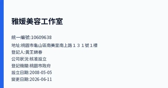 雅媛美容工作室的照片-統編 10609638(桃園市) 公司登記資料與營業項目詳細圖表