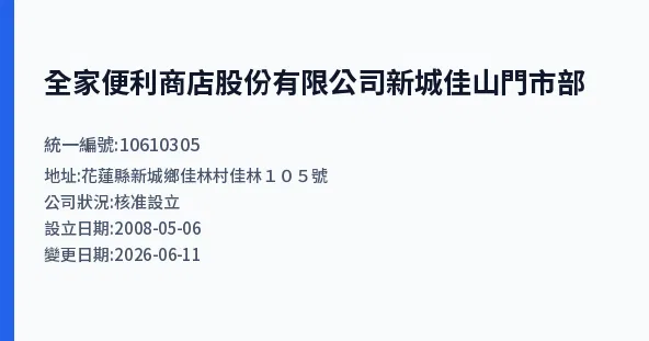 全家便利商店股份有限公司新城佳山門市部的照片-統編 10610305(花蓮縣) 公司登記資料與營業項目詳細圖表