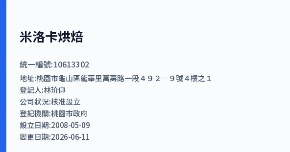 米洛卡烘焙的照片-統編 10613302(桃園市) 公司登記資料與營業項目詳細圖表