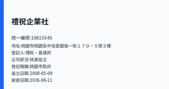 禮祝企業社的照片-統編 10613345(桃園市) 公司登記資料與營業項目詳細圖表