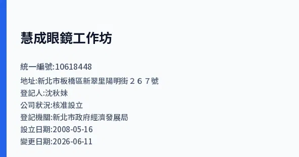 慧成眼鏡工作坊的照片-統編 10618448(新北市) 公司登記資料與營業項目詳細圖表