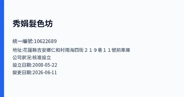 秀娟髮色坊的照片-統編 10622689(花蓮縣) 公司登記資料與營業項目詳細圖表