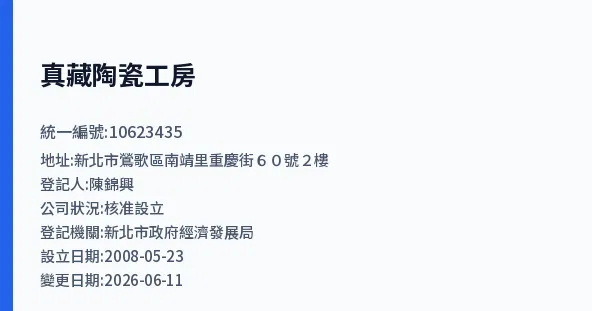 真藏陶瓷工房的照片-統編 10623435(新北市) 公司登記資料與營業項目詳細圖表
