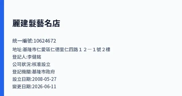 麗建髮藝名店的照片-統編 10624672(基隆市) 公司登記資料與營業項目詳細圖表