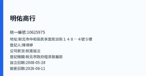 明佑商行的照片-統編 10625975(新北市) 公司登記資料與營業項目詳細圖表