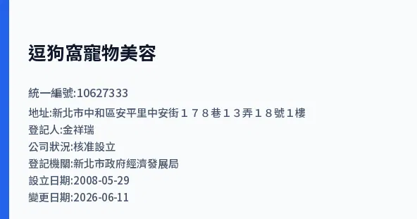 逗狗窩寵物美容的照片-統編 10627333(新北市) 公司登記資料與營業項目詳細圖表