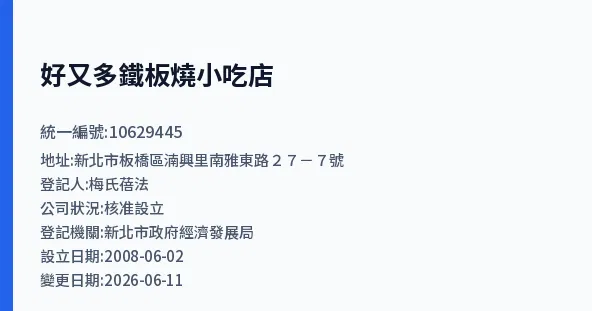 好又多鐵板燒小吃店的照片-統編 10629445(新北市) 公司登記資料與營業項目詳細圖表