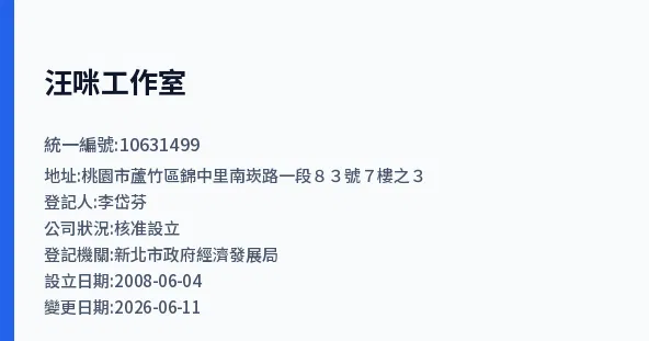 汪咪工作室的照片-統編 10631499(桃園市) 公司登記資料與營業項目詳細圖表