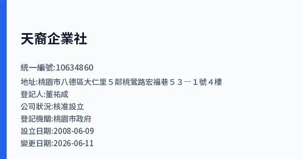天裔企業社的照片-統編 10634860(桃園市) 公司登記資料與營業項目詳細圖表