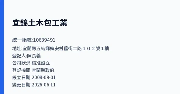 宜錦土木包工業的照片-統編 10639491(宜蘭縣) 公司登記資料與營業項目詳細圖表