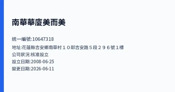 南華華廈美而美的照片-統編 10647318(花蓮縣) 公司登記資料與營業項目詳細圖表