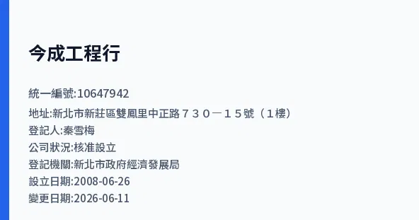 今成工程行的照片-統編 10647942(新北市) 公司登記資料與營業項目詳細圖表