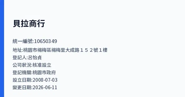 貝拉商行的照片-統編 10650349(桃園市) 公司登記資料與營業項目詳細圖表