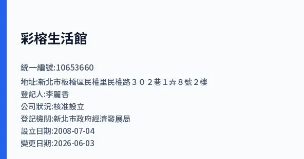 彩榕生活館的照片-統編 10653660(新北市) 公司登記資料與營業項目詳細圖表