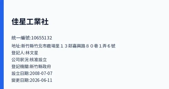 佳星工業社的照片-統編 10655132(新竹縣) 公司登記資料與營業項目詳細圖表