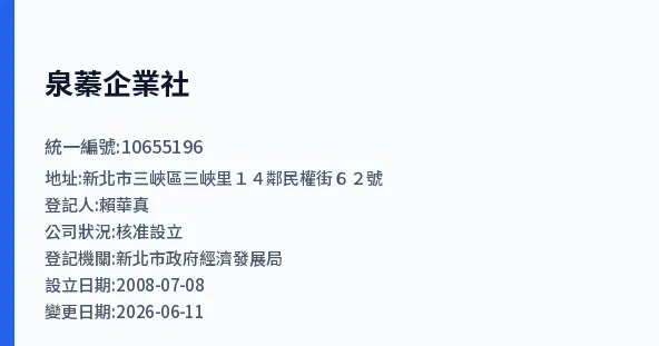 泉蓁企業社的照片-統編 10655196(新北市) 公司登記資料與營業項目詳細圖表