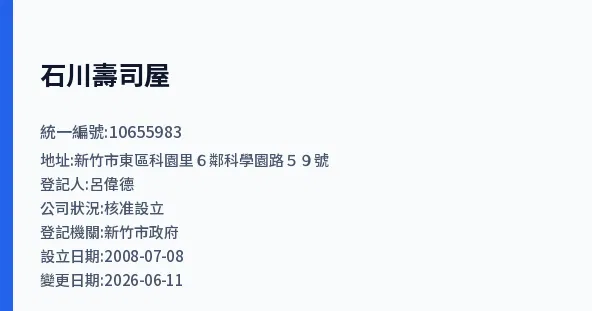 石川壽司屋的照片-統編 10655983(新竹市) 公司登記資料與營業項目詳細圖表