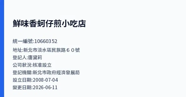 鮮味香蚵仔煎小吃店的照片-統編 10660352(新北市) 公司登記資料與營業項目詳細圖表
