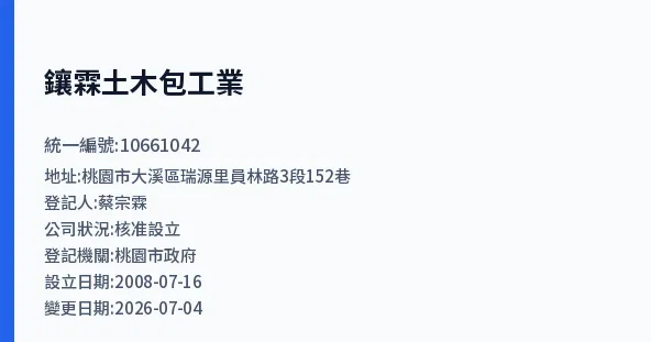 鑲霖土木包工業的照片-統編 10661042(桃園市) 公司登記資料與營業項目詳細圖表