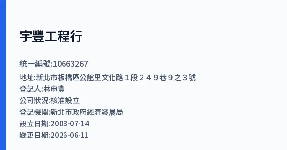 宇豐工程行的照片-統編 10663267(新北市) 公司登記資料與營業項目詳細圖表