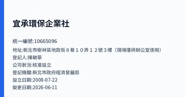 宜承環保企業社的照片-統編 10665096(新北市) 公司登記資料與營業項目詳細圖表