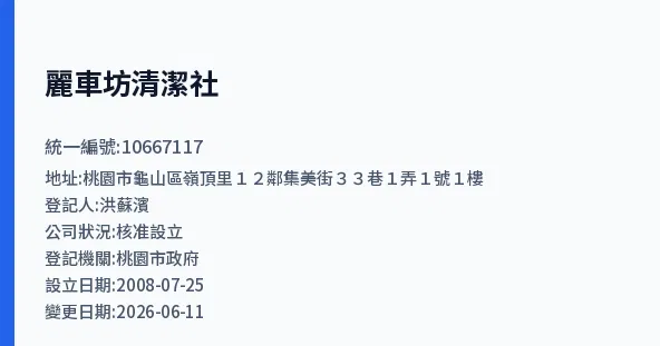 麗車坊清潔社的照片-統編 10667117(桃園市) 公司登記資料與營業項目詳細圖表