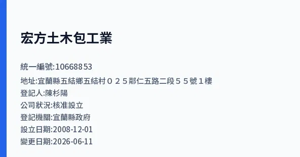 宏方土木包工業的照片-統編 10668853(宜蘭縣) 公司登記資料與營業項目詳細圖表