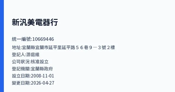 新汎美電器行的照片-統編 10669446(宜蘭縣) 公司登記資料與營業項目詳細圖表