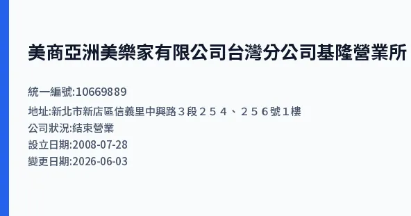 美商亞洲美樂家有限公司台灣分公司基隆營業所的照片-統編 10669889(新北市) 公司登記資料與營業項目詳細圖表
