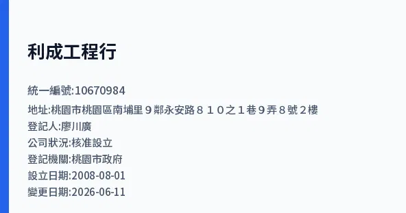 利成工程行的照片-統編 10670984(桃園市) 公司登記資料與營業項目詳細圖表